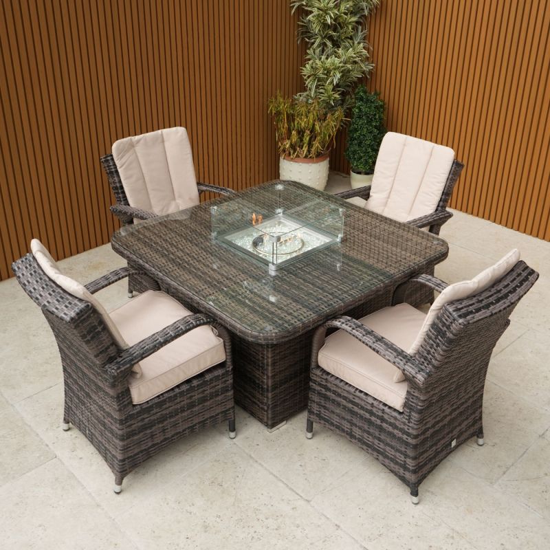 Cairo 4 Seater Rattan Outdoor Lounge Set with Square Gas Fire Pit Table