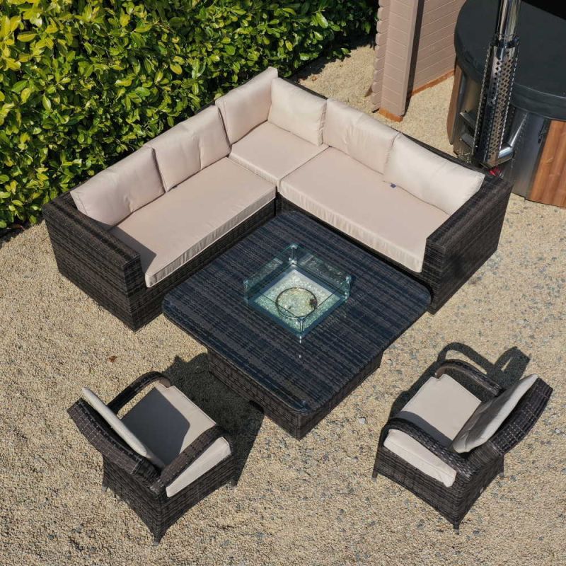 San Jose Rattan Corner Sofa Set with Square Fire Pit Table & Two ...