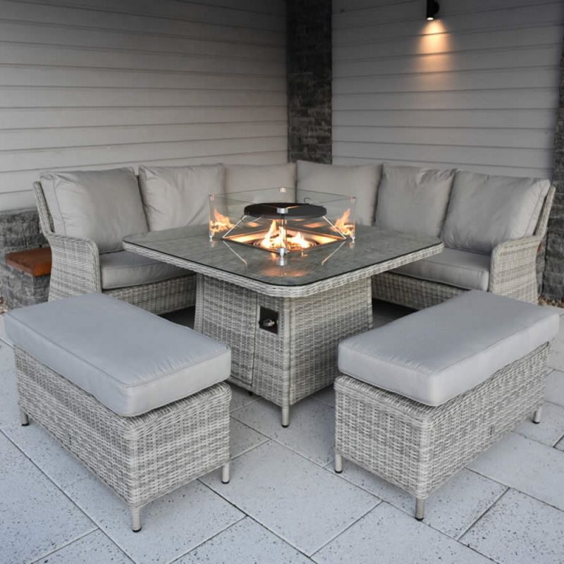 Hamilton Firepit Corner Bench Rattan Set with Square Table with BBQ Grill