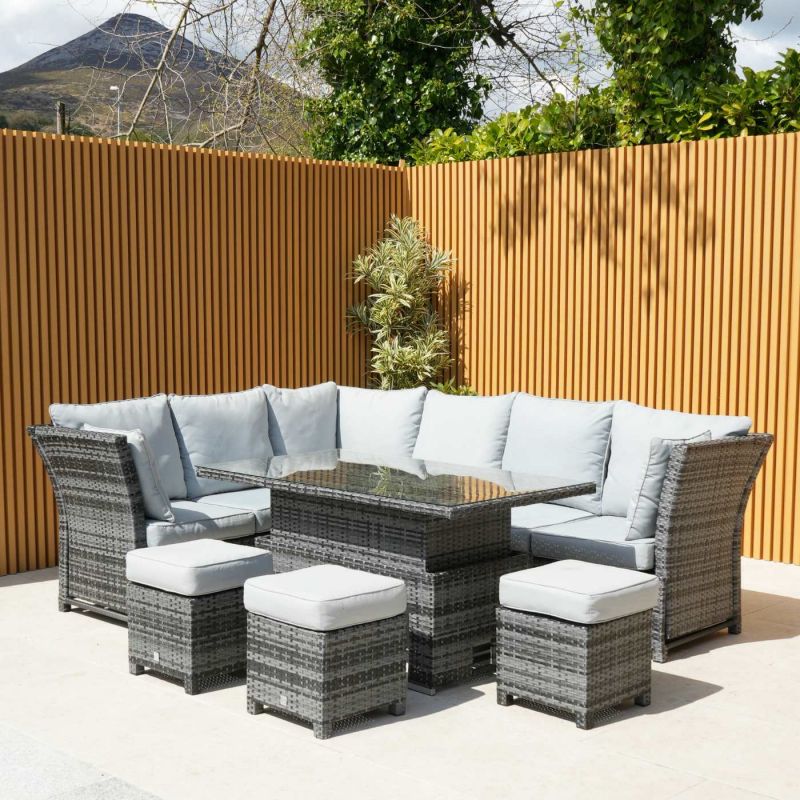 Santander Corner Rattan Dining Set with Rising Table and Recliner - Grey