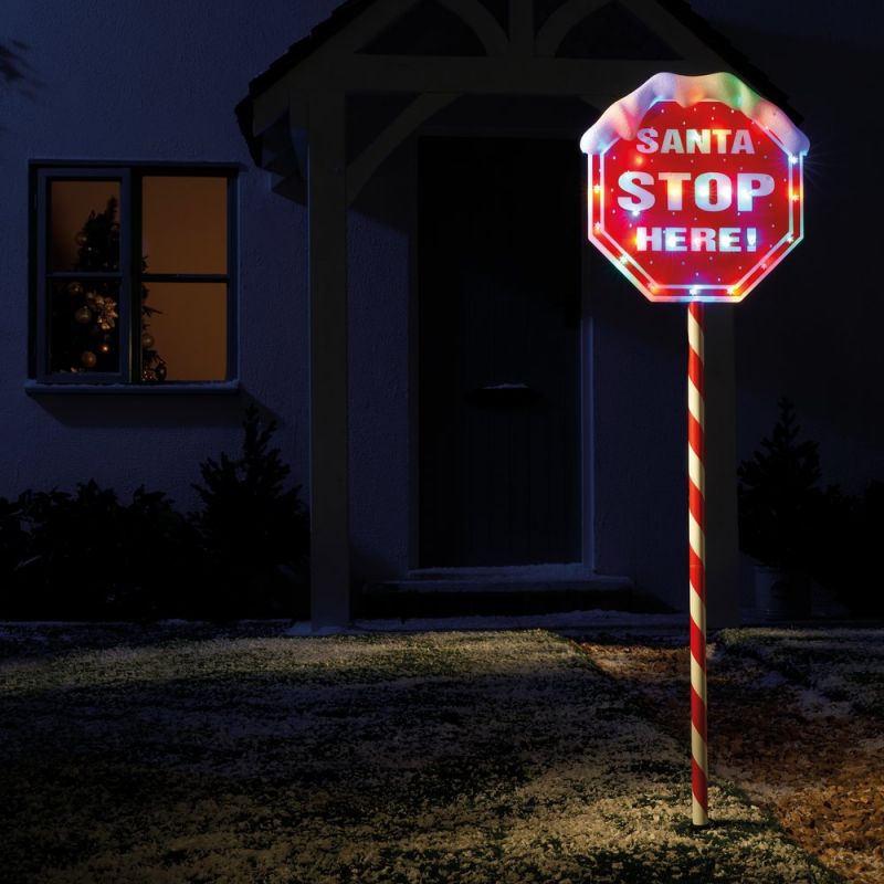 1.1m Santa Stop Here Sign with Multicoloured Lights